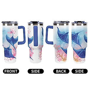 WYUSPGK 40oz Stainless Steel Car Mug, Sea Animals Stingrays Print Travel Mug, Double-Wall Insulated with Straw, Perfect for Car, Office, Outdoor