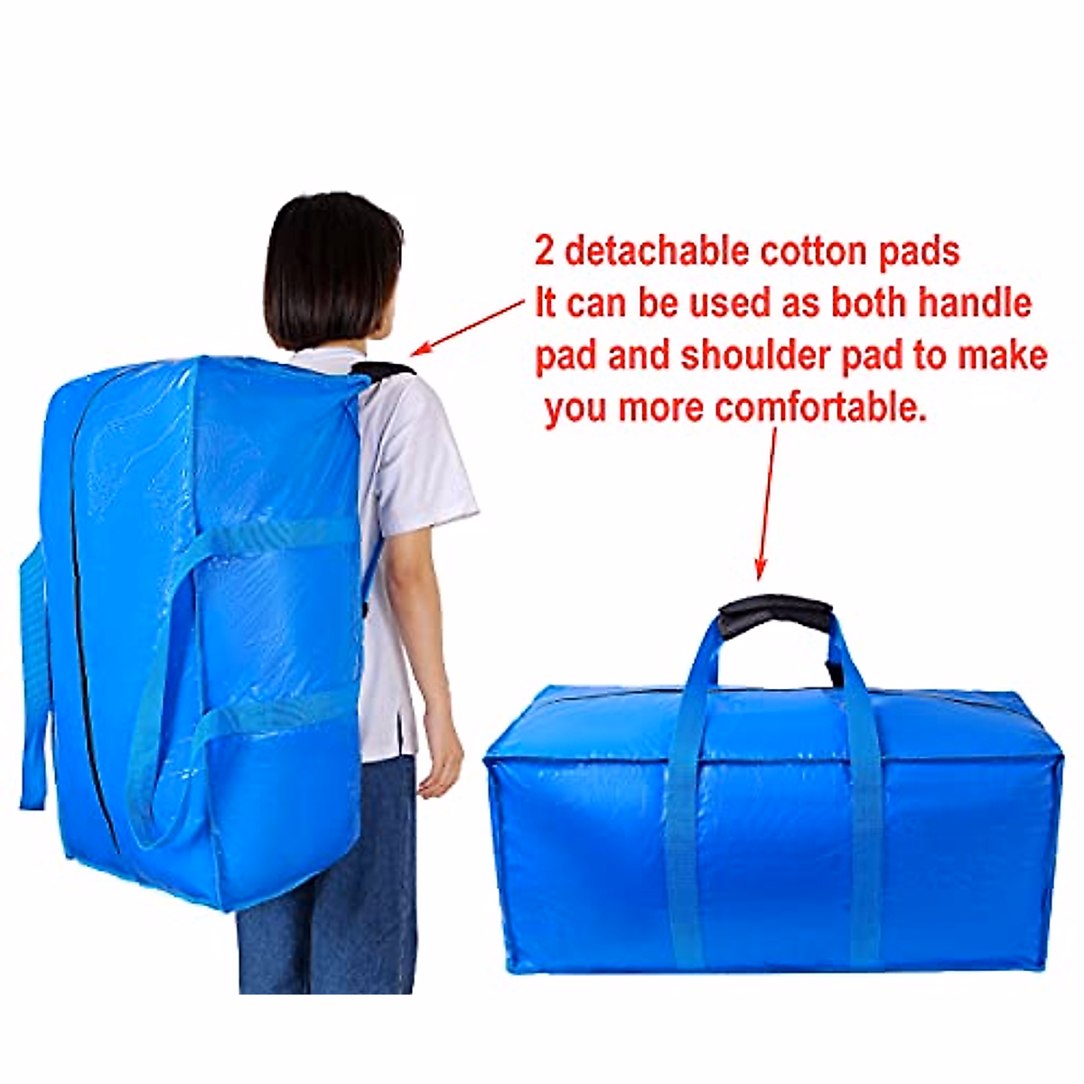 JSJHE Heavy Duty Extra Large Moving Bags W/Backpack Straps Strong Handles & Zippers, Storage Totes, Alternative to Moving Box, Recycled Material (blue, 4pcsX29.5x15x13inch)