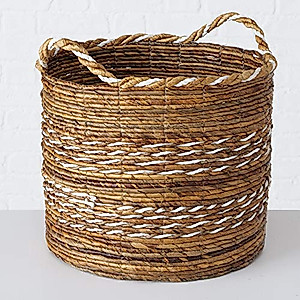 Rustic Stripes Wicker Baskets. 4 Piece Set, Washed and Rolled Banana Leaf, White Twine, Loop Carry Handles, Bucket Bottoms, 18, 15.75, 14.25, 12.5 Inches Diamet