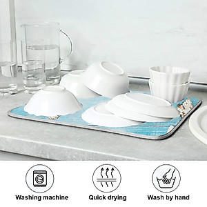 OTVEE Seashells Starfish Dish Drying Mat for Kitchen Counter Super Absorbent Dish Mat Drying Kitchen Mat 16X18 inch Dish Drying Matt for Kitchen Dish Drying Mat