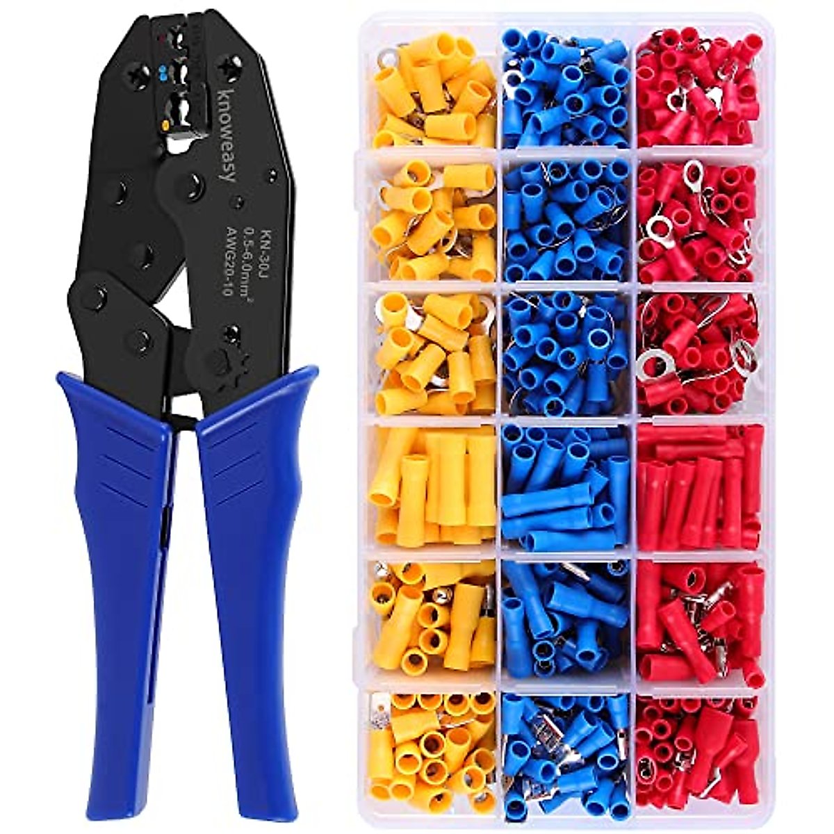Knoweasy Wire Terminals Crimping Tool Kit, AWG20-10 Insulated Ratcheting Crimper with 700PCS Assorted Butt, Bullet, Spade, Fork and Ring Crimp Terminals Connectors