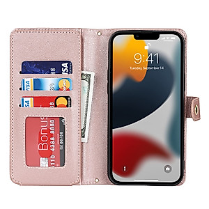 iCoverCase for iPhone 13 Pro Max Wallet Case with Card Holder, Adjustable Crossbody Lanyard PU Leather Kickstand Card Slots Zipper [Not Detachable] Flip Cover Case 6.7 Inch (Rose Gold)