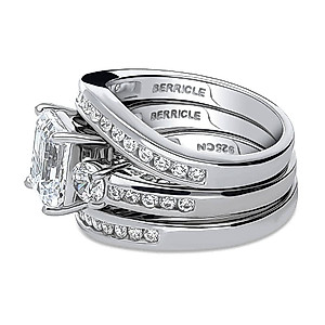 BERRICLE Sterling Silver 3-Stone Wedding Engagement Rings Emerald Cut Cubic Zirconia CZ Ring Set for Women, Rhodium Plated Size 7.5