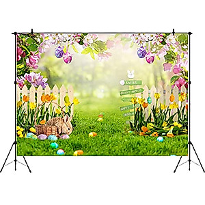 Aperturee Spring Easter Garden Photography Backdrop 7x5ft Bokeh Rabbit Bunny Colorful Eggs Fence Grass Pink and Purple Floral Butterfly Background Party Decoration Kids Children Props Photo Booth