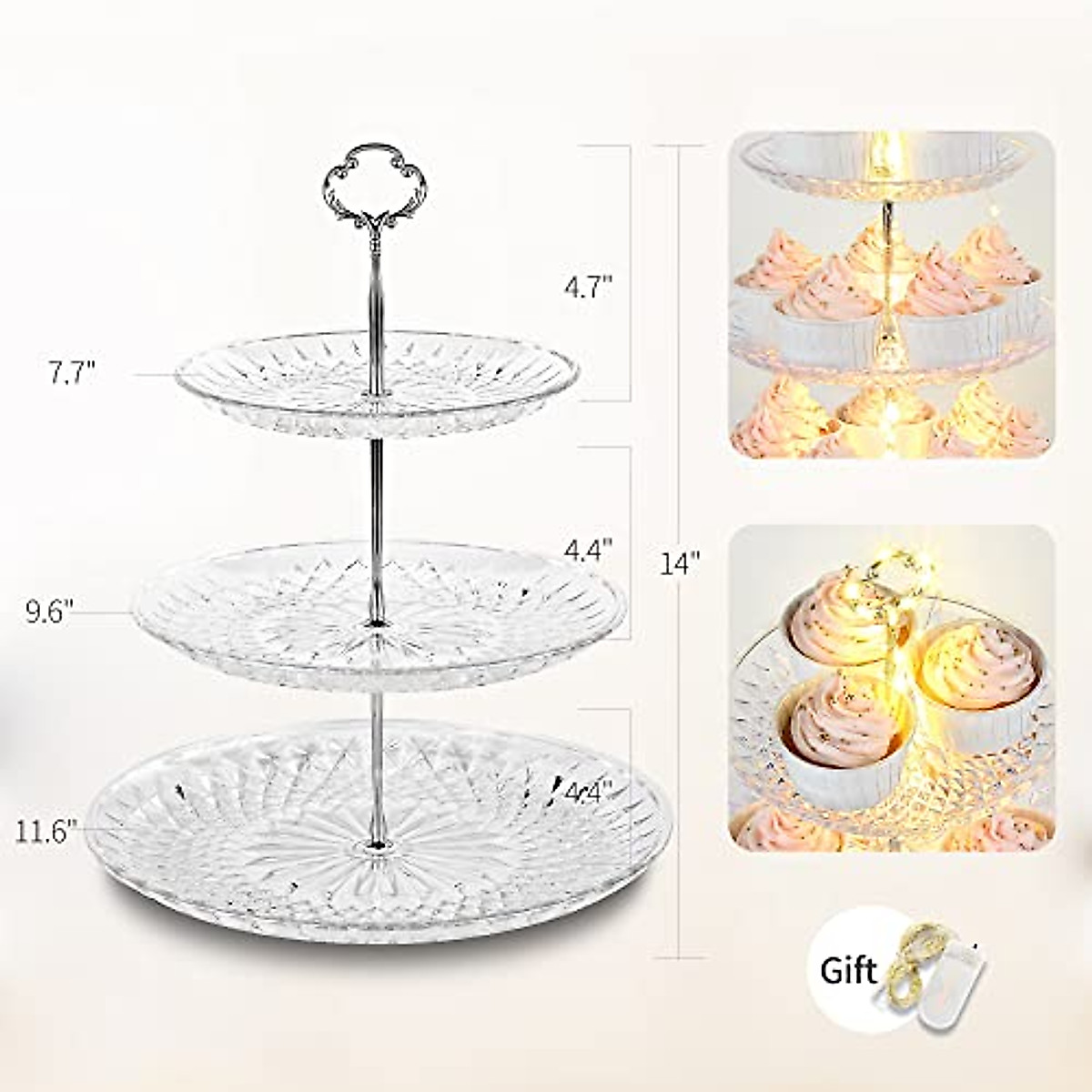 NWK Crystal Clear Cake Stand with Light Strings 5 Piece Perfect for Wedding Birthday Baby Shower Party Clear