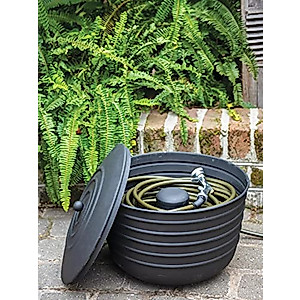 Gardener's Supply Company Garden Hose Pot with Lid | Matte Black Low Carbon Steel Watering Hose Storage with Hose Access Port | for Outdoor Garden, Backyard, & Patio | Holds 100ft Hose