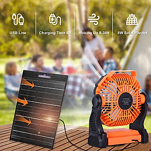 Dkois Solar Fan Camping Fan,Battery Powered Fan Rechargeable Portable Fan with 8W Solar Panel, Solar Powered Fan Camping Fan with Light, Outdoor Tent Fan Camping Essentials