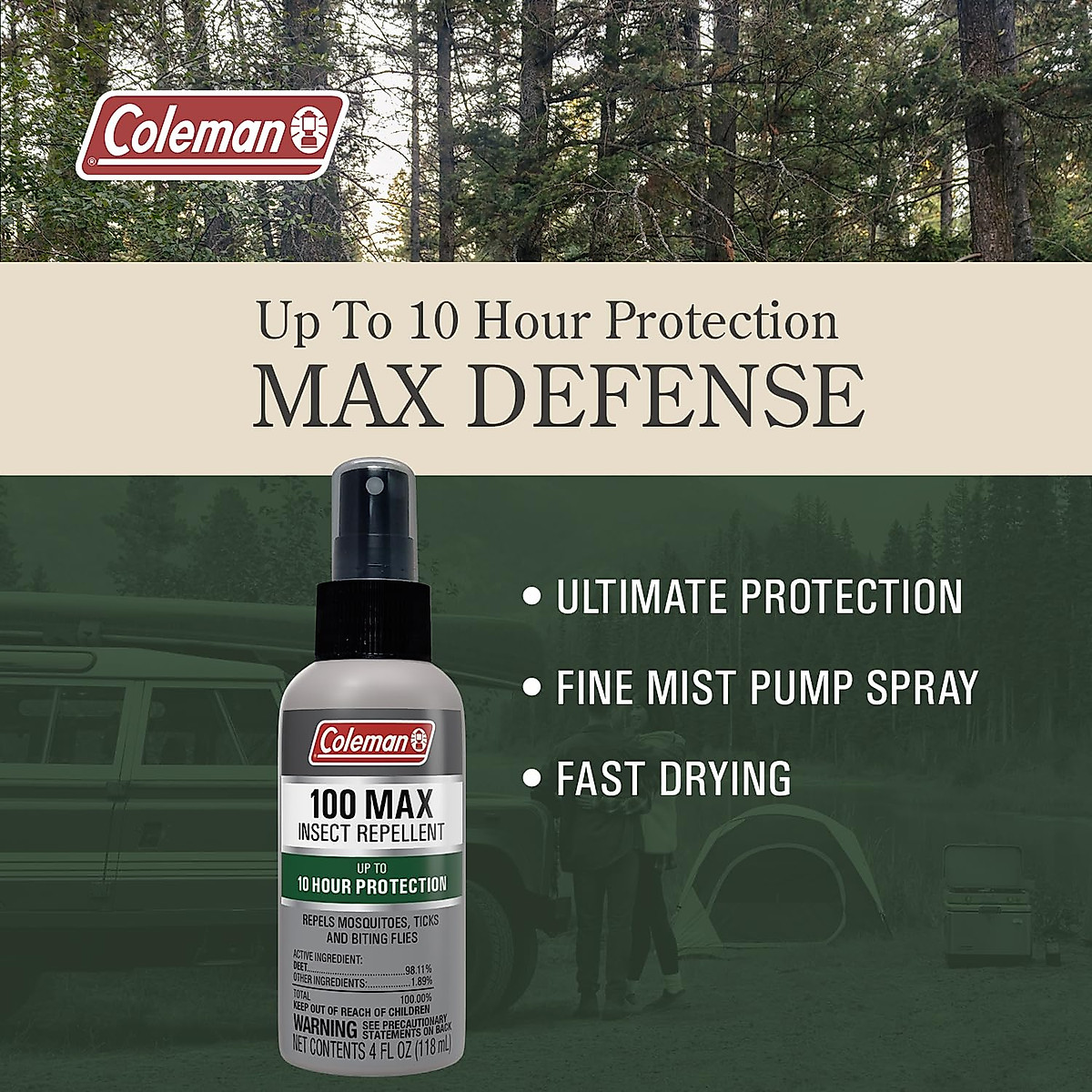 Coleman Insect Repellent Spray - 100% MAX DEET Insect Repellent Pump Spray, Protection Against Ticks, Mosquitoes, chiggers, gnats, Fleas and Flies, Ideal for Camping, Hiking, Outdoor Activities, 4oz