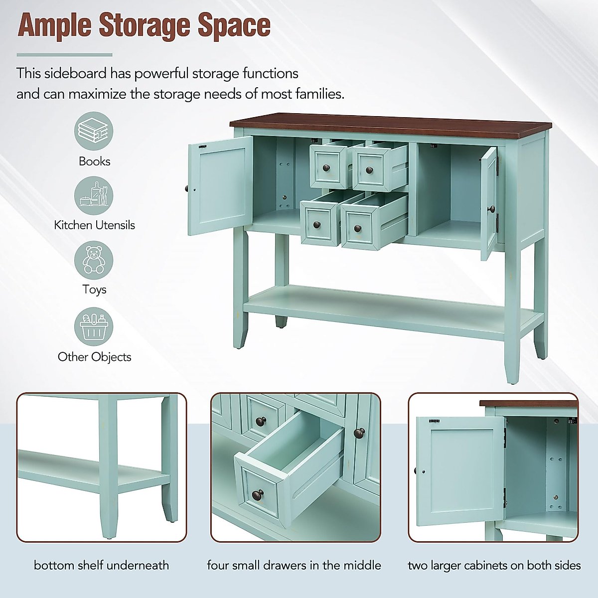 ZSQ Buffet Table, Cambridge Series Sideboard Table with Bottom Shelf, Console Table Dining Room Server, Entry Table Buffet Cabinet Sofa Table (Antique Blue)