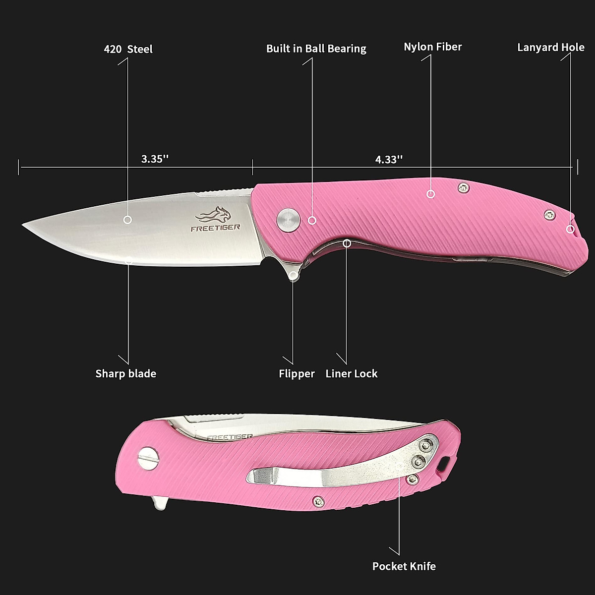 FreeTiger FT801 Folding Pocket Knife Sharp Sanding Stainless Steel Blade with Pocket Clip Camping Survival Tactical Outdoor Cheap Pocket Knife(Pink)