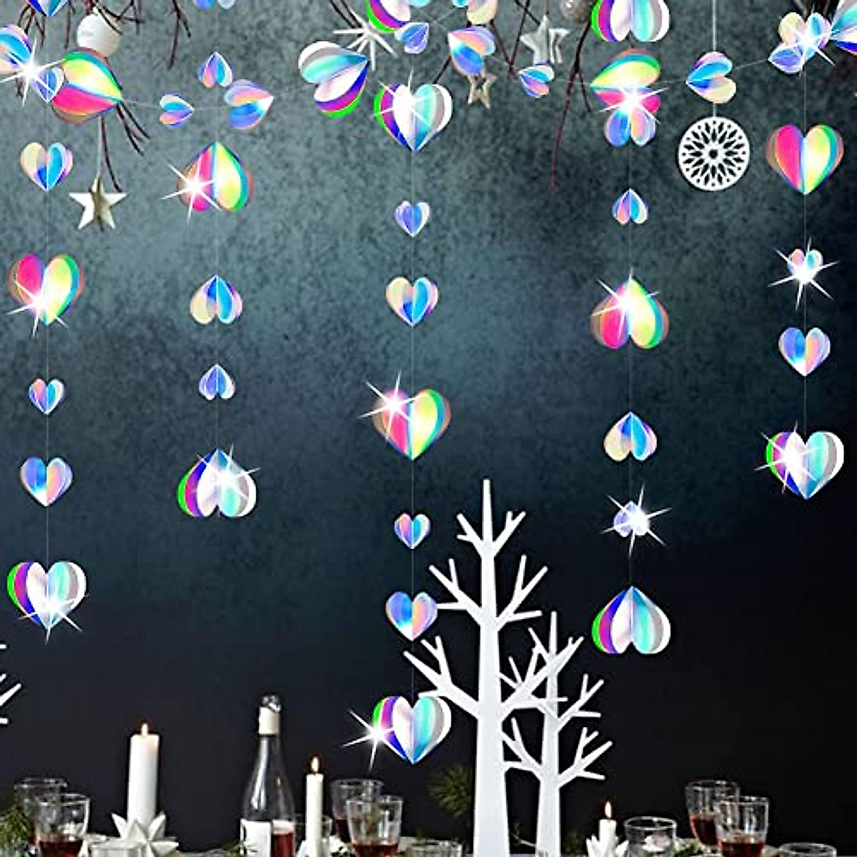 24Pcs 3D Iridescent Heart Garlands Holographic Birthday Party Streamers Anniversary Home Ceiling Décor Engagement Wedding Baby Shower Graduation Classroom Party Supplies