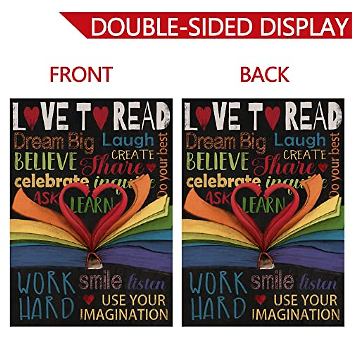 Dyrenson Love to Read Inspirational Quotes Hearts Book Decorative Garden Flag, Motivational Saying Words House Yard Lawn Outside Decorations, Positive Black Rainbow Outdoor Small Burlap Decor 12 x 18