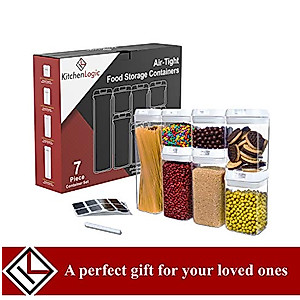 Kitchen Logic Airtight Food Storage Containers with Lids, Easy To Lock, Kitchen Pantry Organization and Storage Canister Set for Cereal, Pasta, Plus Labels, Marker, BPA-Free, 7 Piece Set (White Lids)