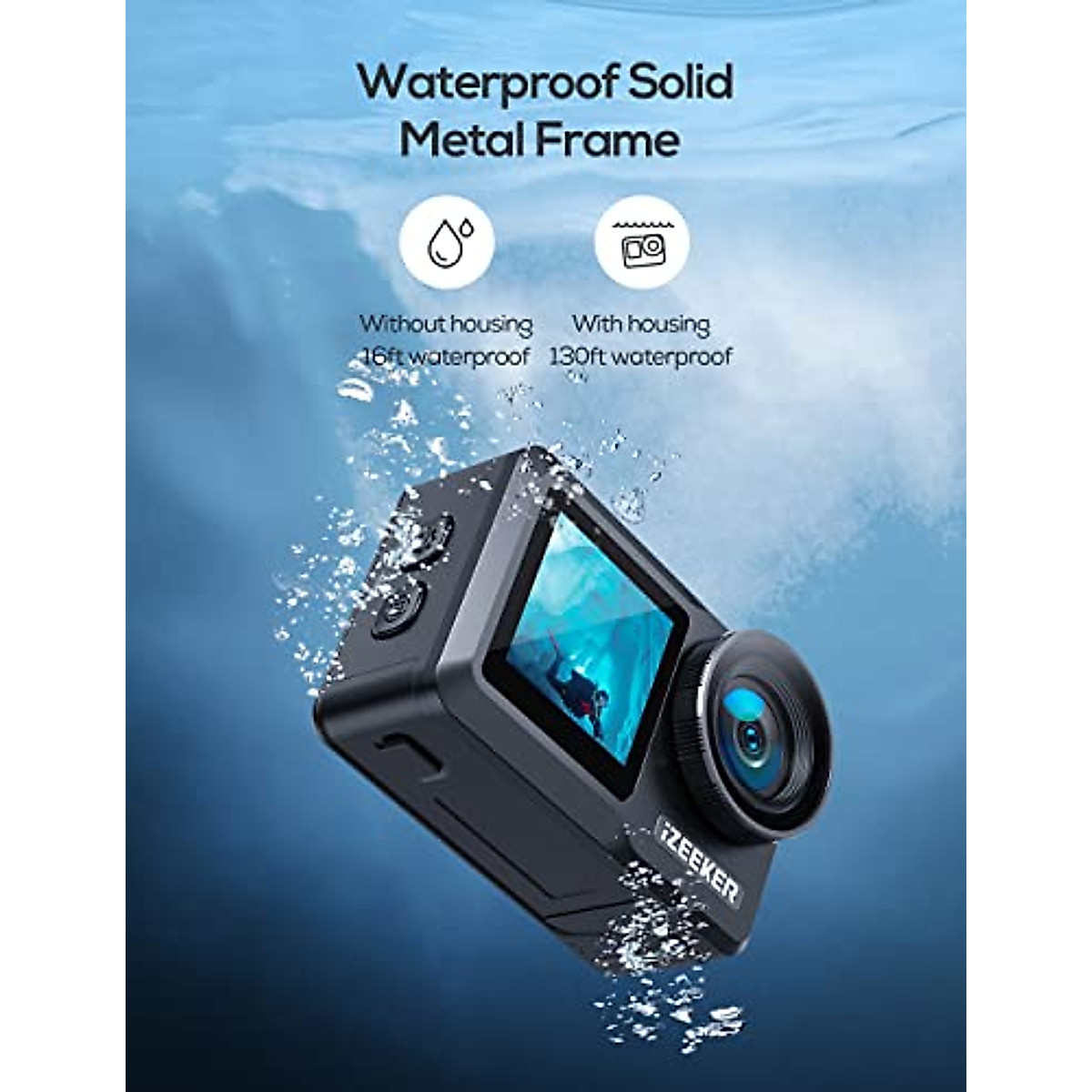 iZEEKER Action Camera 4K 24MP with Touchscreen, 40M Underwater Camera Waterproof, Dual Screen Vlog Camera with EIS3.0, WiFi, Remote Control with 2X 1350mAh Batteries,Charger and Accessory Kit-iA800