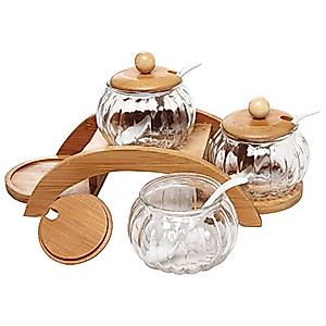 MyGift Clear Glass Spice Jars Condiment Pot with Bamboo Lids, Ceramic Spoons and Tiered Serving Tray, 10 Piece Set