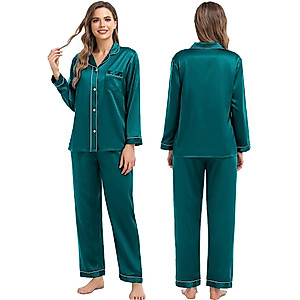 SWOMOG Women & Men Satin Pajamas Set Couple Matching Pajamas Long Sleeve Sleepwear Button Down Loungewear 2 Pcs Pj Set Women Green Medium