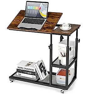 Tangkula Height Adjustable C Shaped End Table with Lockable Wheels, Mobile Couch Desk Table with Tiltable Table Top, Sofa Bedside Laptop Stand TV Tray with Storage Shelves, Snack Side Table