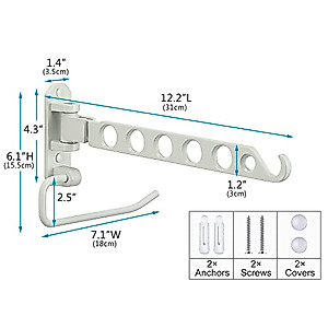 VICSKY Wall Mounted Laundry Hanger Rack (White), Small Drying Rack with 6 Holes, 180° Swing Arm and 90° Folding, Sturdy Hanging Clothes, Safe and Space Saver, Valet Hook, Solid Aluminum