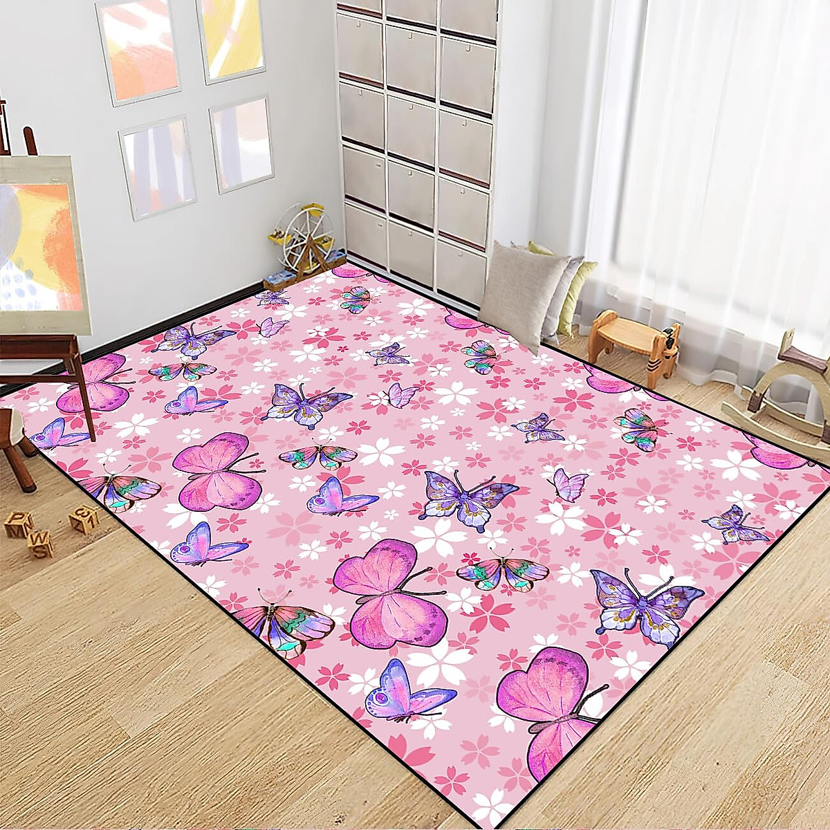 Pink Butterfly Rug - Butterfly Area Rug - Fantasy Butterflies Printed Carpets for Girls Kids Butterfly Theme Living Room Indoor Bedroom Decor 4'5''×6' Soft Polyester Large Yoga Mat