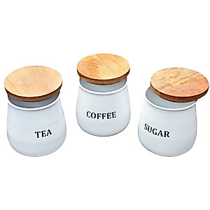 White Coffee Sugar Tea Canister Set of 3 - Galvanized Metal Container With Wooden Lid - Beautiful Fancy Elegant Decorative Food Storage Jars Perfect for Farmhouse Kitchen Décor Restaurant - 4.25 Inch