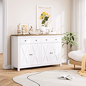 FOTOSOK Sideboard Buffet Cabinet with Storage, 55" Large Kitchen Storage Cabinet with 2 Drawers and 4 Doors, Wood Coffee Bar Cabinet Buffet Table Console Cabinet for Kitchen Dining Room, White