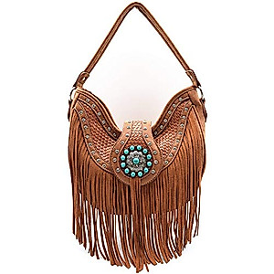 Western Style Fringe Conchos Leather Concealed Carry Purse Country Handbag Women Shoulder Bag Wallet Set (Brown)