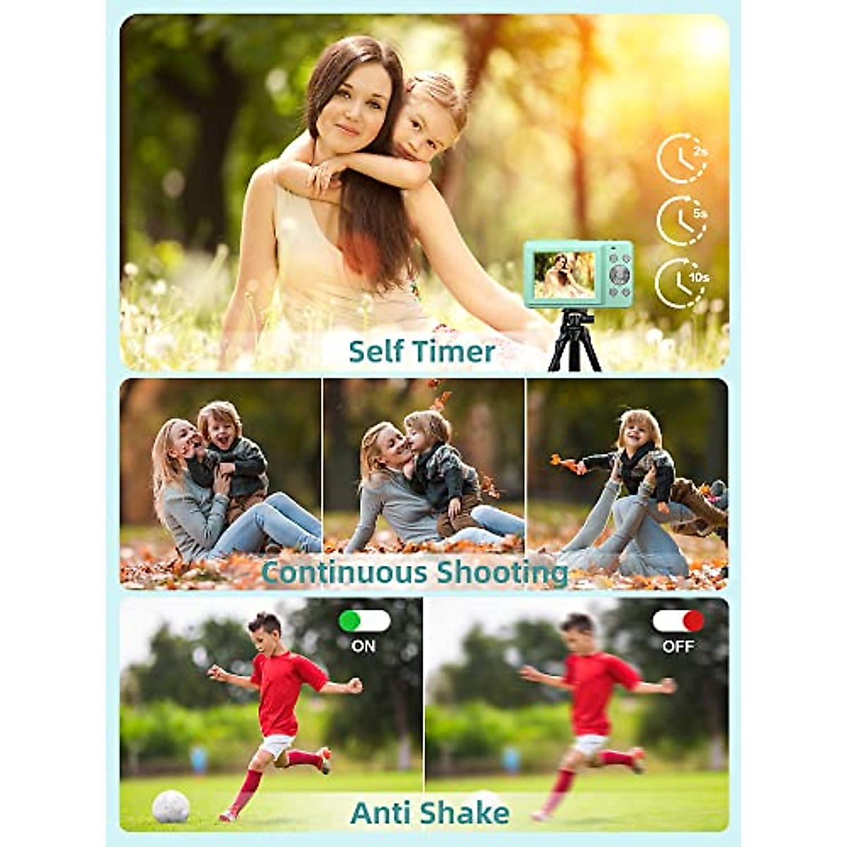 Digital Camera, FHD 1080P Kids Camera 44MP Point and Shoot Digital Cameras with 32GB SD Card, 16X Zoom, Two Batteries, Lanyard, Compact Small Camera for Kids Boys Girls Teens Students Seniors- Green