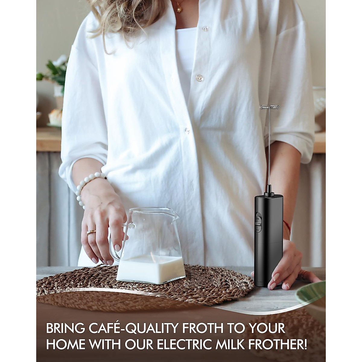 Homradise Electric Milk Frother Handheld, Coffee Frother Battery Operated Foam Maker Frother for Coffee, Frappe, Latte, Matcha, Protein Powder-Black