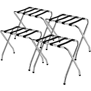 MAT EXPERT Folding Luggage Rack, No Assembly Required, 180lbs Capacity Luggage Holder w/ Nylon Straps & Non-slip Footpads, Chrome Suitcase Stand for Guest Room Home Bedroom Hotel, Set of 4, Silver