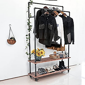 TEDIDUWA Industrial Pipe Clothing Rack,Industrial Clothing Rack with Shelf,Heavy Duty clothes rack on Wheels, Garment Rack Double Hanging Rods,For Bedroom, Lanudry room,Living room, Retail store