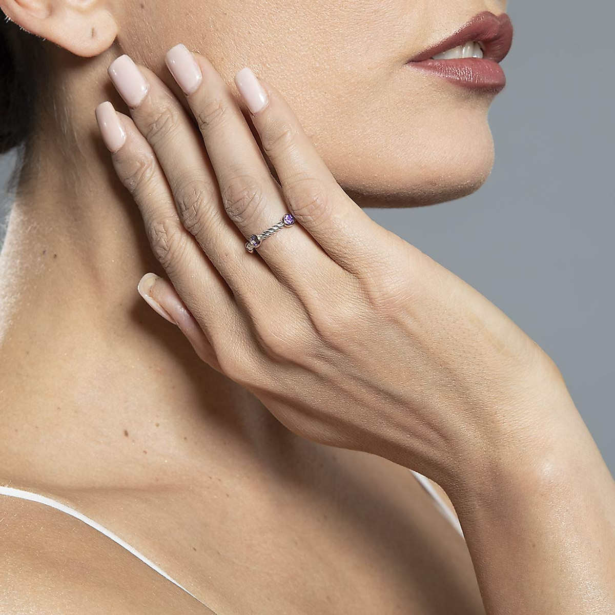 PEORA Amethyst 3-Stone Stackable Ring in Sterling Silver, Cable Rope Band for Women 2.1mm Sizes 8