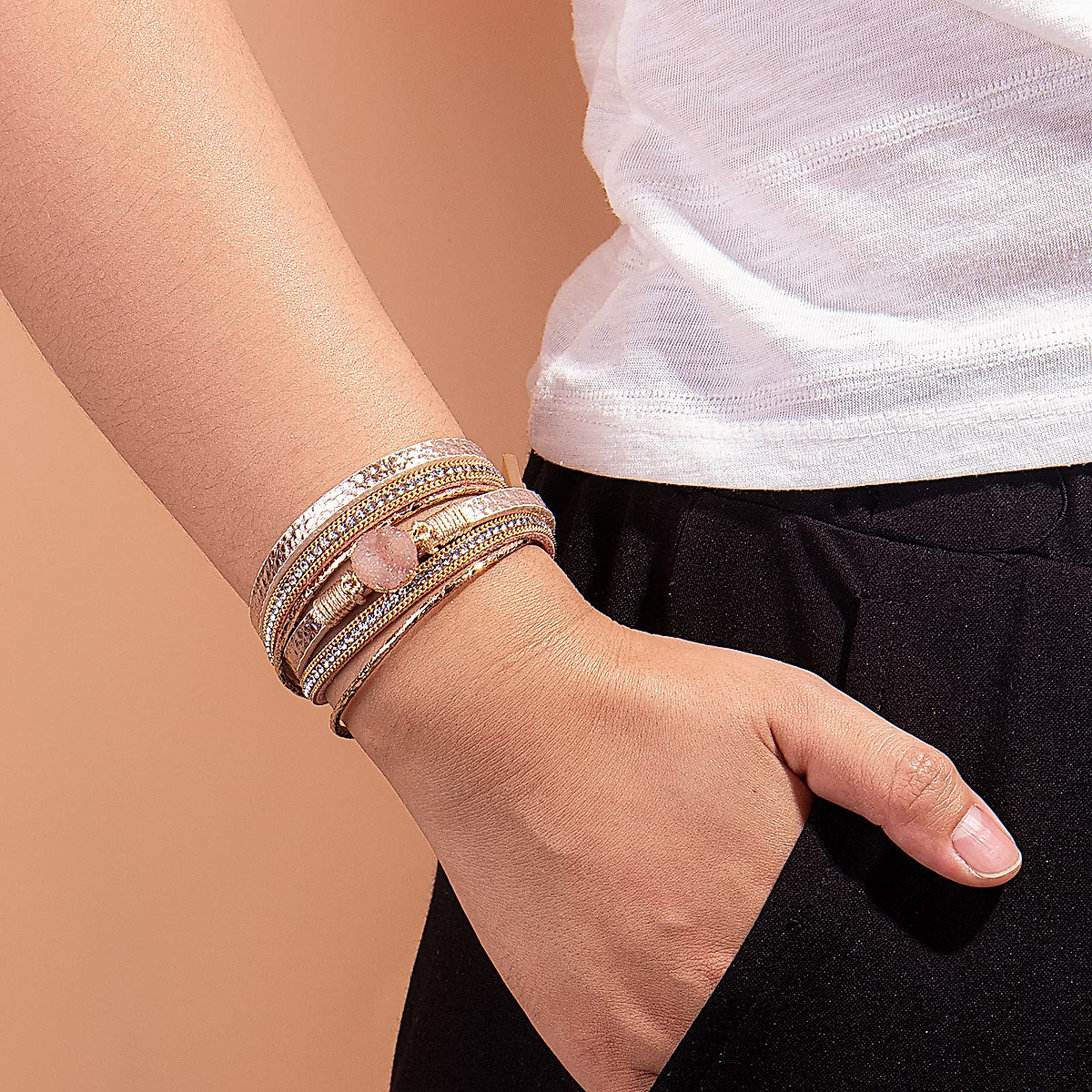 FANCY SHINY Boho Wrap Bracelets Leather Cuff Bracelet Bohemian Jewelry Resin Stone Multi Strand Bracelet with Clasp for Women(Rose Gold)