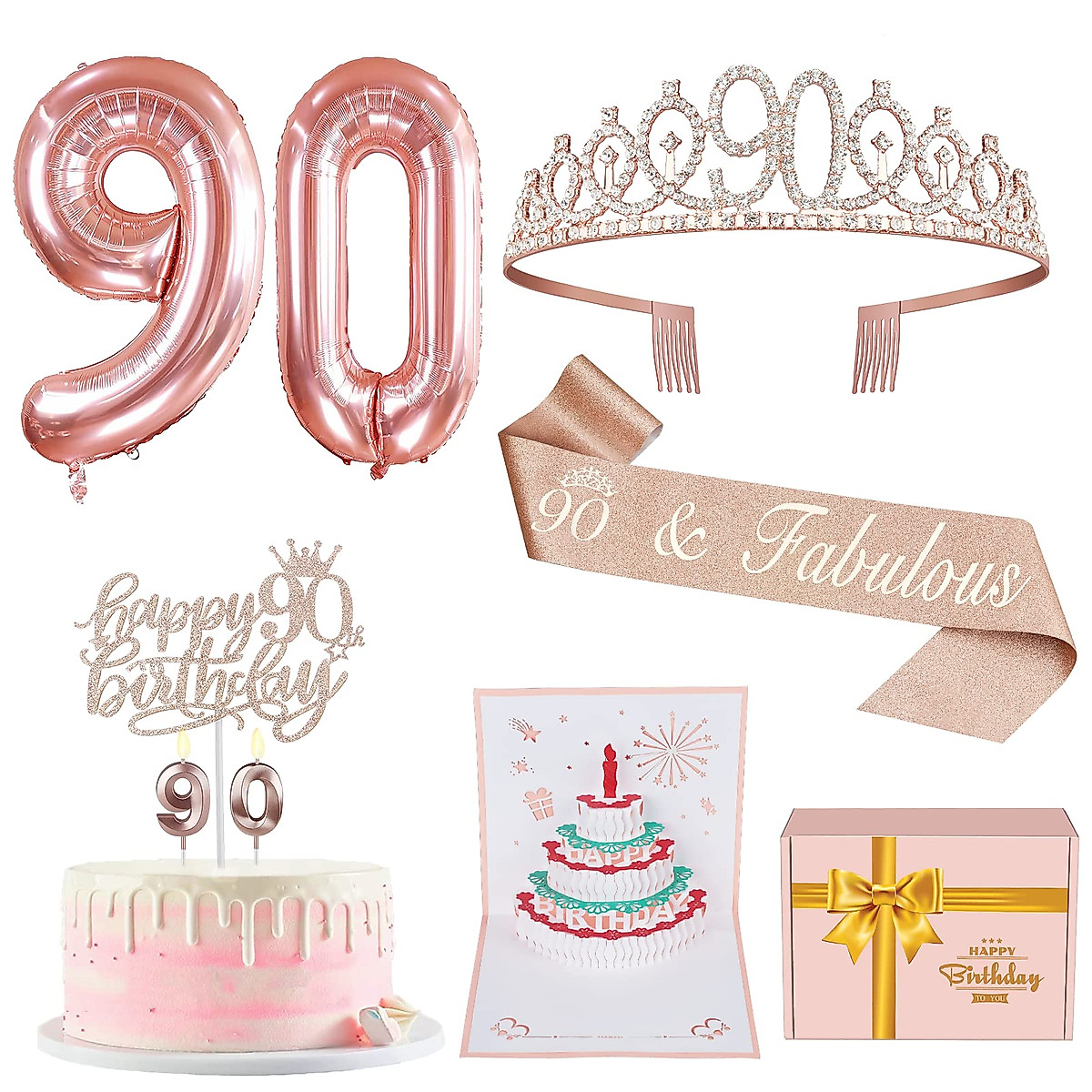 90th Birthday Decorations For Women, Include 90th Birthday Sash and Tiara, Birthday Cake Topper and Number 90 Candles, Balloons, 3D Birthday Card, 90th Birthday Gifts Women