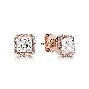 PANDORA Square Sparkle Halo Stud Earrings - Gold Earrings for Women - Great Gift for Her - 14k Rose Gold with Sparkling Cubic Zirconia