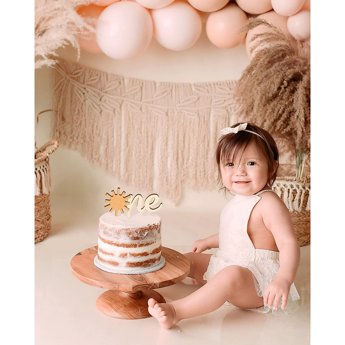 Sun One Cake Topper 1st Birthday Cake Decoration, 6.4'' x 7'' One Year Old Wooden Sun Cake Topper First Trip Around the Sun You Are My Sunshine Cake Smash Photo Booth Props B-day Bar Party Supplies