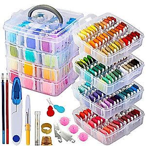 262 Pack Embroidery Thread Floss Set Including 200 Colors 8 M/Pcs Cross Stitch Sewing Thread with Floss Bins and 62 Pcs Cross Stitch Tool,4-Tier Transparent Storage Box