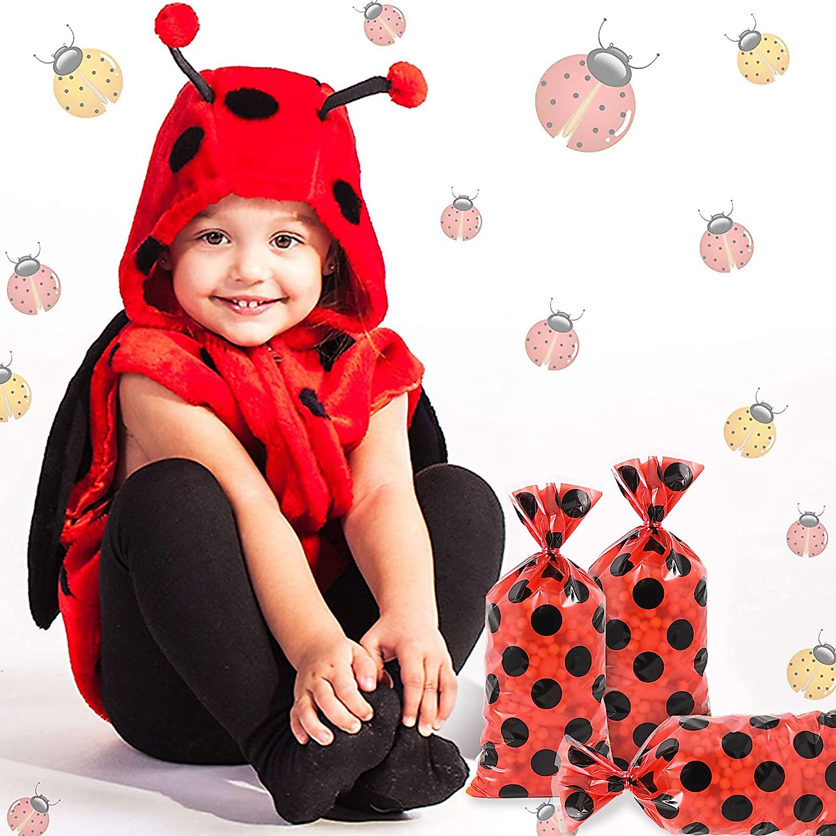 Lecpeting 100 Pcs Ladybug Treat Bags Red Black Polka Dots Cellophane Candy Bags Goodie Storage Bags Ladybug Party Favor Bags with Twist Ties for Ladybug Theme Birthday Party Supplies
