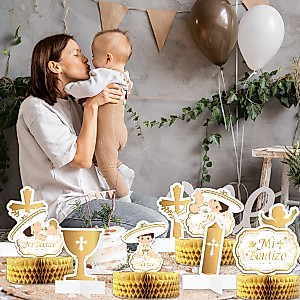 Mi Bautizo Decorations-First Communion Honeycomb Centerpieces Double Sided Table Toppers for Boy Baptism Party Decor Christening 3D Table Toppers God Bless First Communion