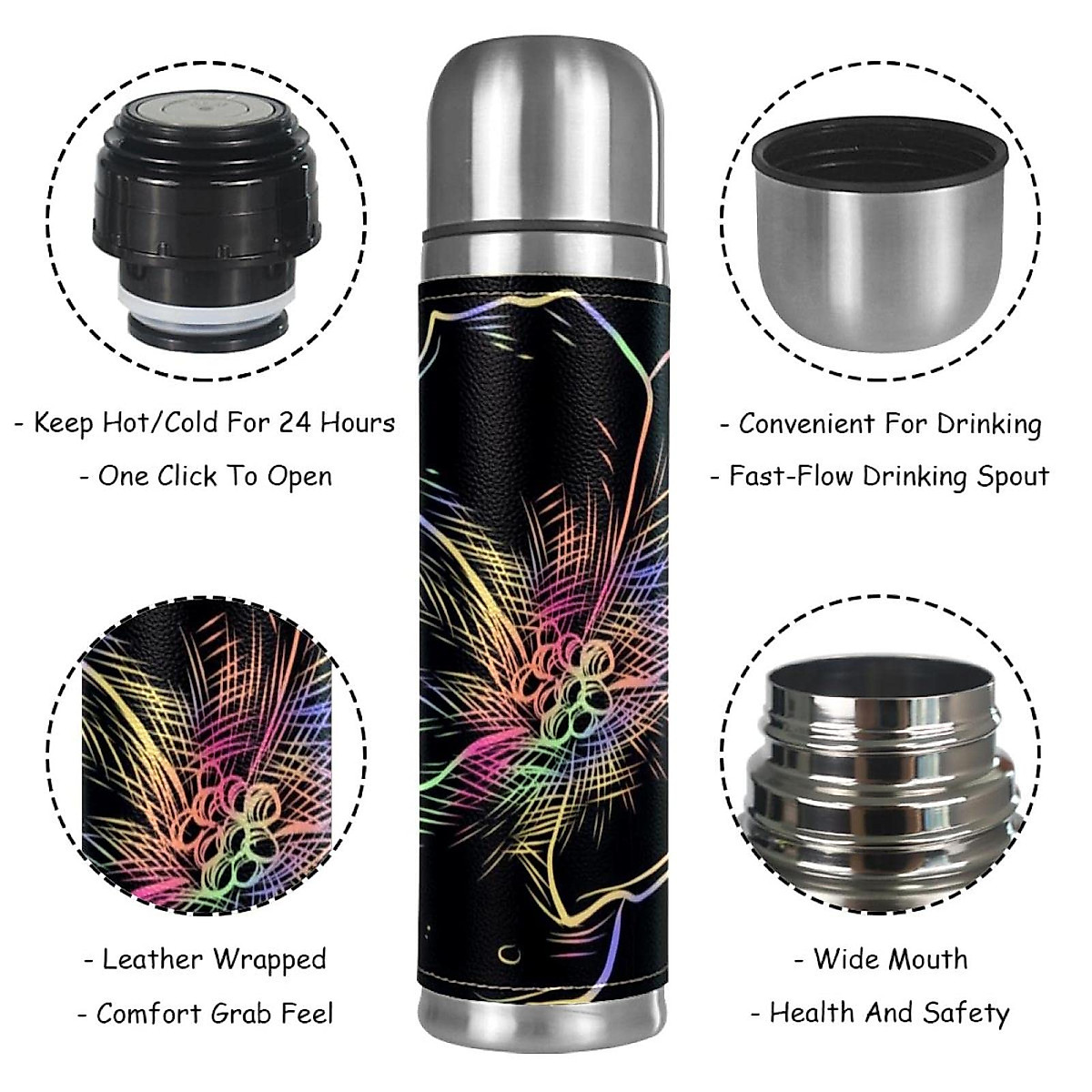 Stainless Steel Leather Vacuum Insulated Mug Rose Thermos Water Bottle for Hot and Cold Drinks Kids Adults 16 Oz