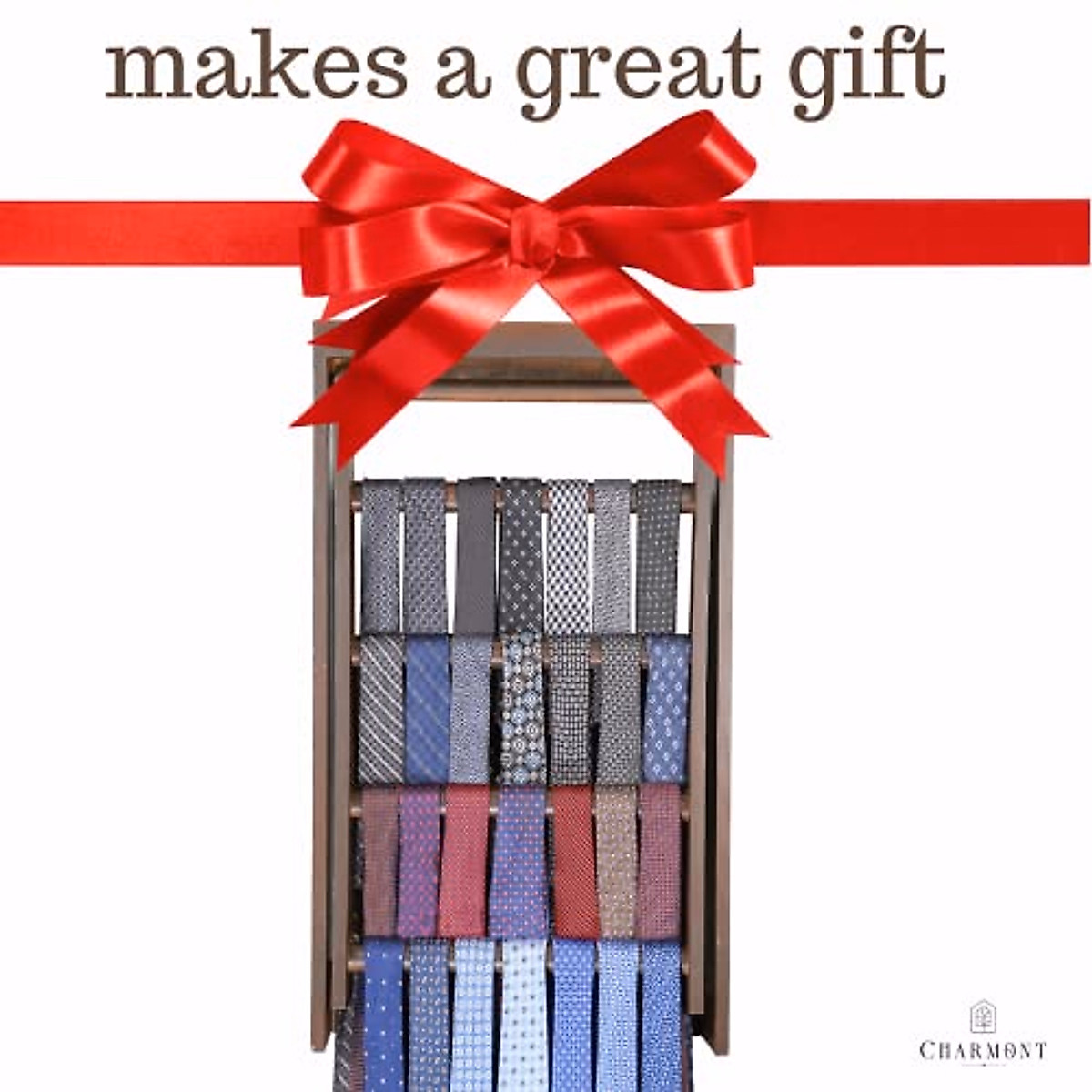 Charmont Tie Rack Wall Mounted Closet Organizer -Tie Racks for Men Closet Bedroom Wall - Wooden Necktie Holder - Holds up to 28 Ties - Valet Gifts for Men