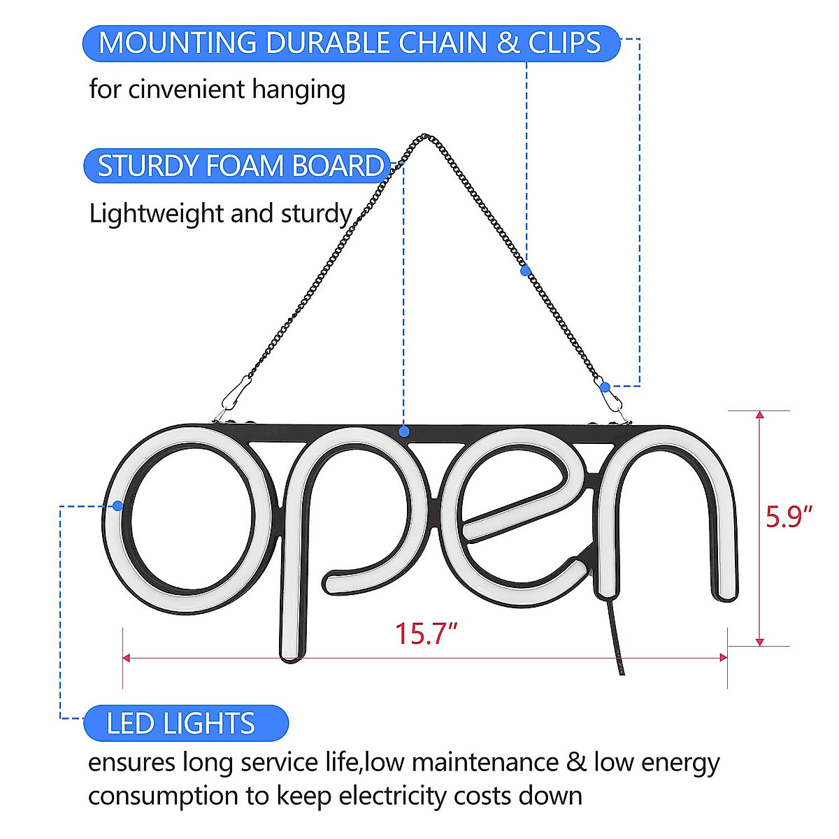 LED Open Sign,16x6 inch Open Sign for Business,With multiple flashing modes, Ideal for Restaurant, Bar, Salon and More,24V/1A Power Supply，with Open/Close Sign (white)