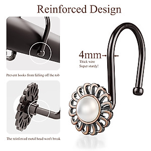 Oil Rubbed Bronze Shower Curtain Hooks, Decorative Sunflower Shower Curtain Rings for Bathroom Shower Curtain Rods and Liner,Metal Shower Hooks, Floral Pearl Shower Rings for Curtain Set of 12