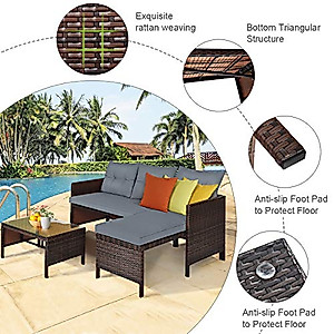 Tangkula Patio Corner Sofa Set 3 Piece, Outdoor Rattan Sofa Set, Includes Lounge Chaise, Loveseat & Coffee Table, Patio Garden Poolside Lawn Backyard Furniture (Gray)