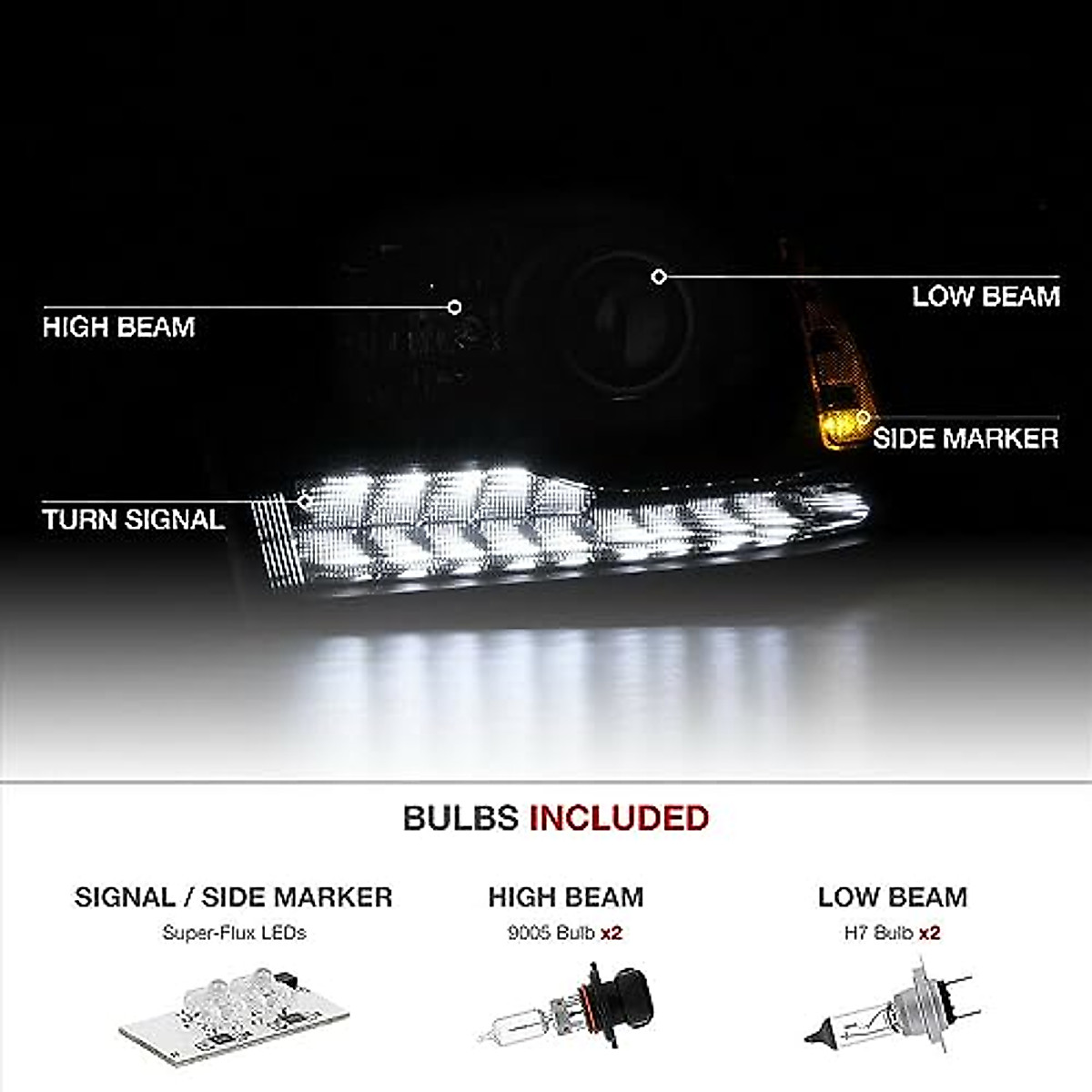 HH Building 2pcs Headlight Projector Front Left Right Driver Passenger Side Clear Lens Black Housing Drl HD-JH-DR13-LED-BK CH2502244 68324941AB