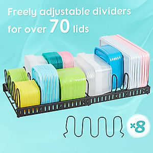 Expandable Food Container Lid Organizer,Large Capacity Adjustable 10 Dividers Detachable Lid Organizer Rack for Cabinets, Cupboards, Pantry Shelves, Drawers to Keep Kitchen Tidy,Black(Patent Pending)
