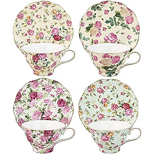 Gracie China by Coastline Imports Rose Chintz 8-Ounce Porcelain Tea Cup and Saucer, Set of 4