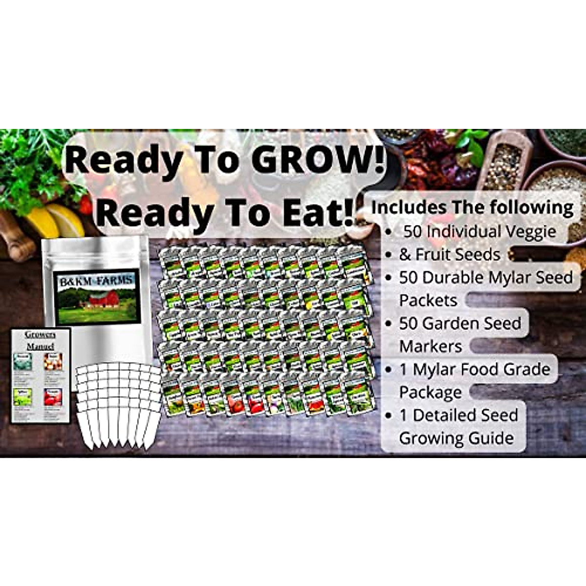 50 Vegetable & Fruit Seeds for Planting Your Outdoor & Indoor Home Seed Garden Gear. 12,500 Seeds, 50 Seed Markers, Growing Guide, & Survival Package. Gardening Heirloom Non-GMO Veggie Seed B&KM Farms