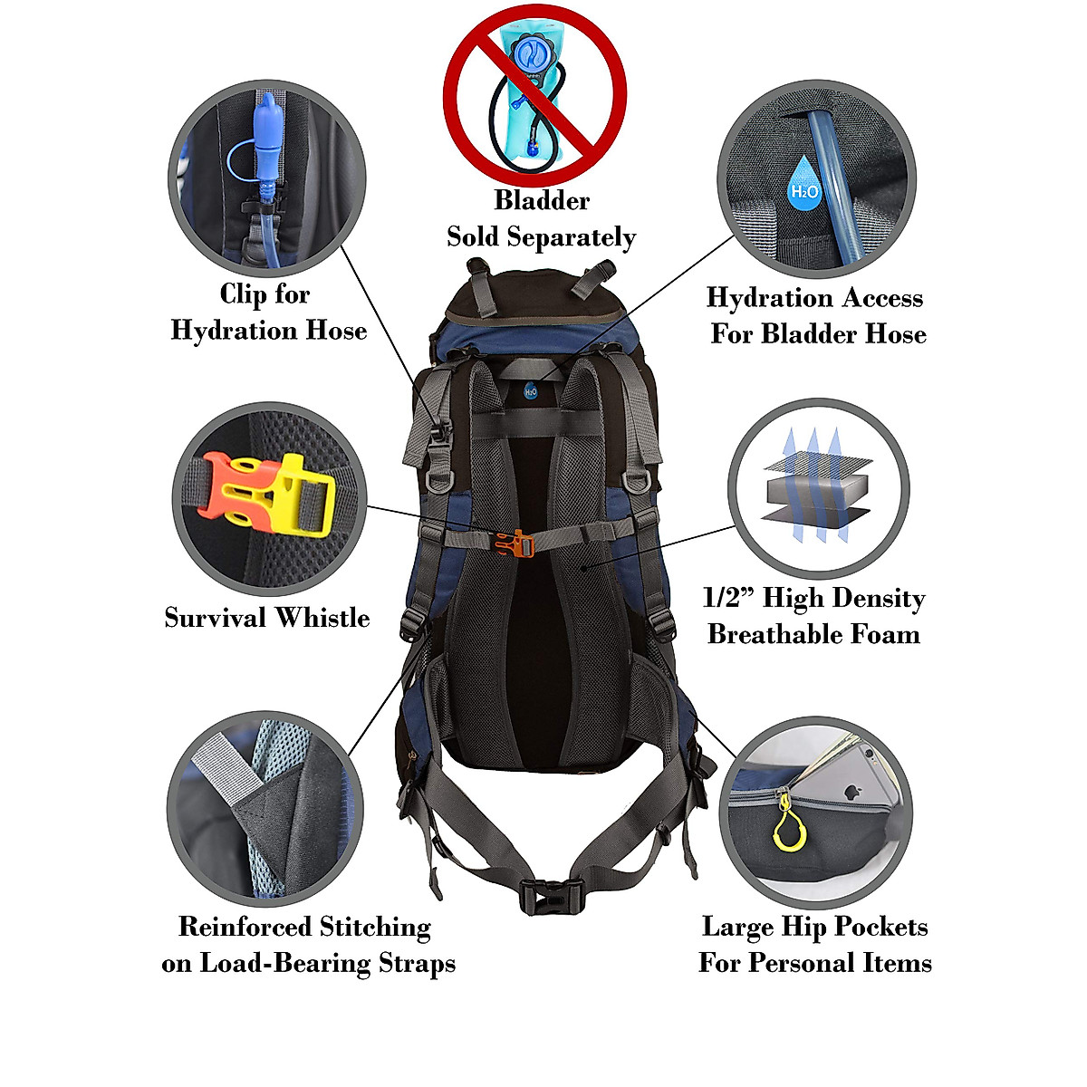 Duraton Hiking Backpack 50L, Water Resistant Light-Weight Day Pack for Backpacking Camping and Travel (Navy Blue)