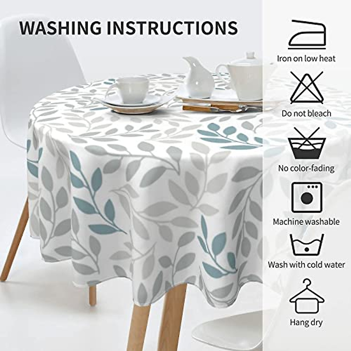 Leaf Grey Tablecloth Summer 60 Inch Round Teal Tablecloth Leaves Rustic with Wrinkle Resistant for Party, Picnic, Tabletop, Dining Room, Indoor and Outdoor Dining, Decorative Patio