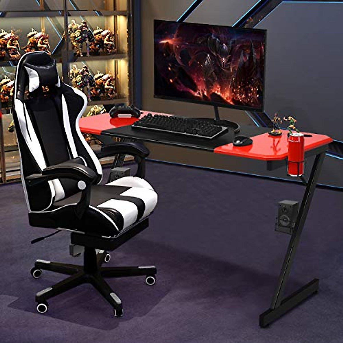 POWERSTONE Gaming Desk - Computer Desk 47" with Cup Holder Audio Stands Headphone Hook and 2 Cable Management Holes Large Gamer Workstation for Kids Adults, Z-Shaped, Red